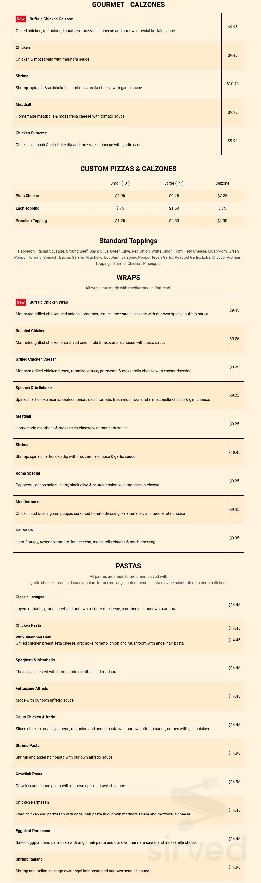 Menu - Chalmette LA's Café Roma Chalmette | Sirved