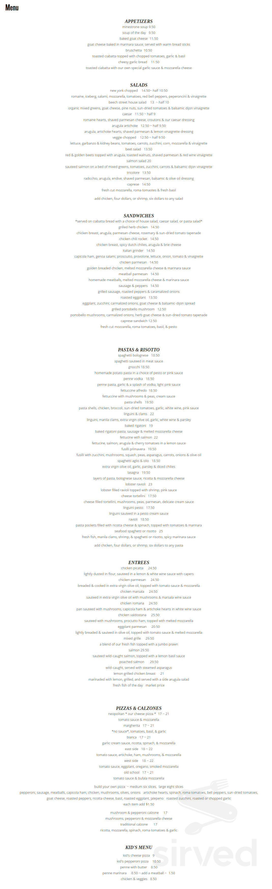 Beech Street Cafe menu in Pacific Palisades, California, USA
