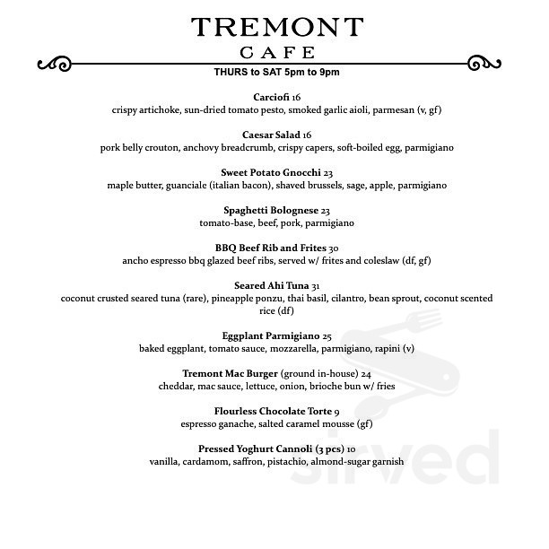 The Tremont Cafe menu in Collingwood, Ontario, Canada