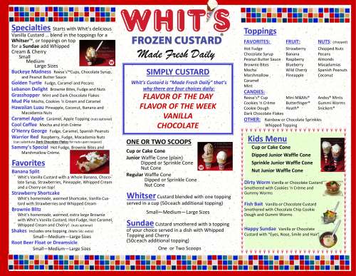 Whit's Frozen Custard menu in Lebanon, Ohio, USA
