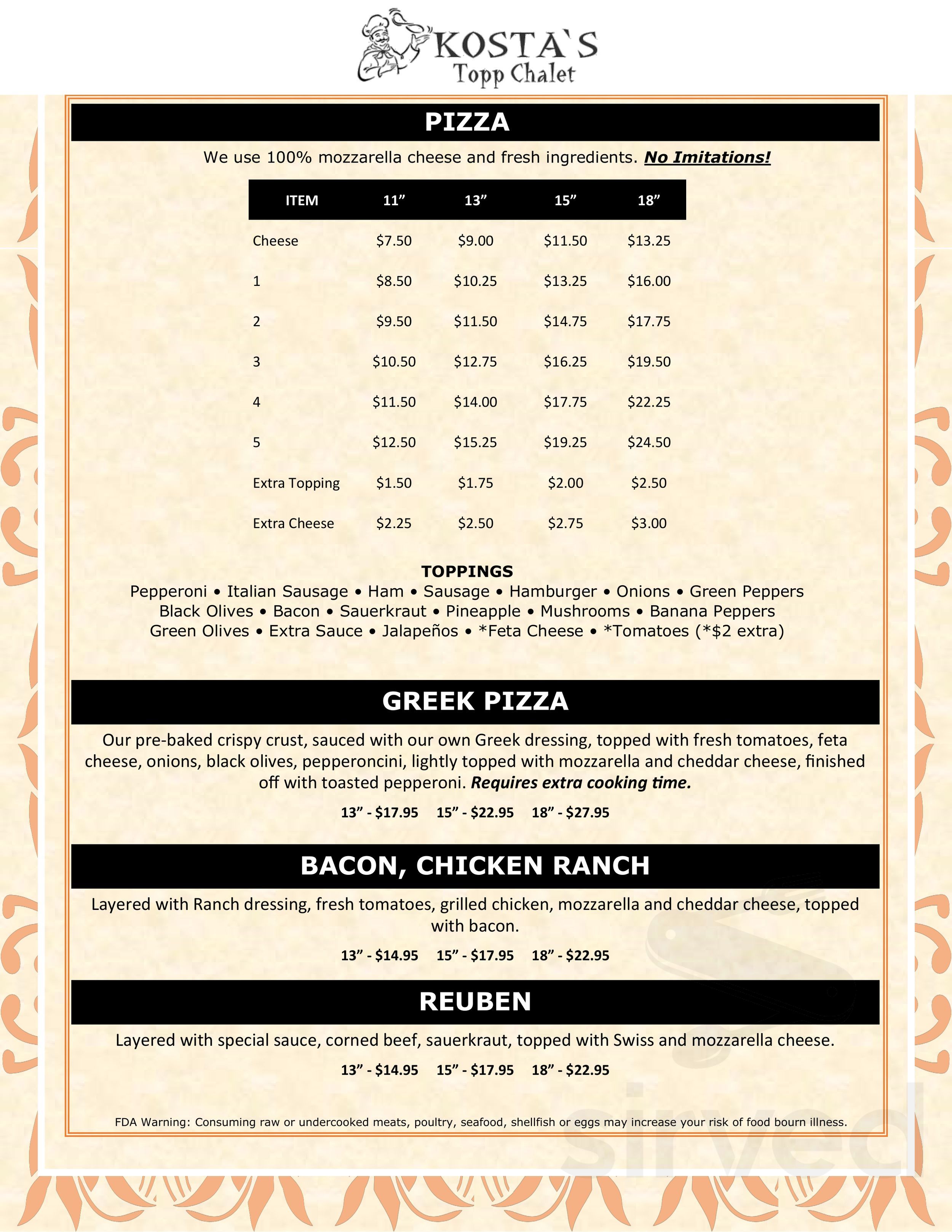 Menu - Delphos OH's Topp Chalet | Sirved