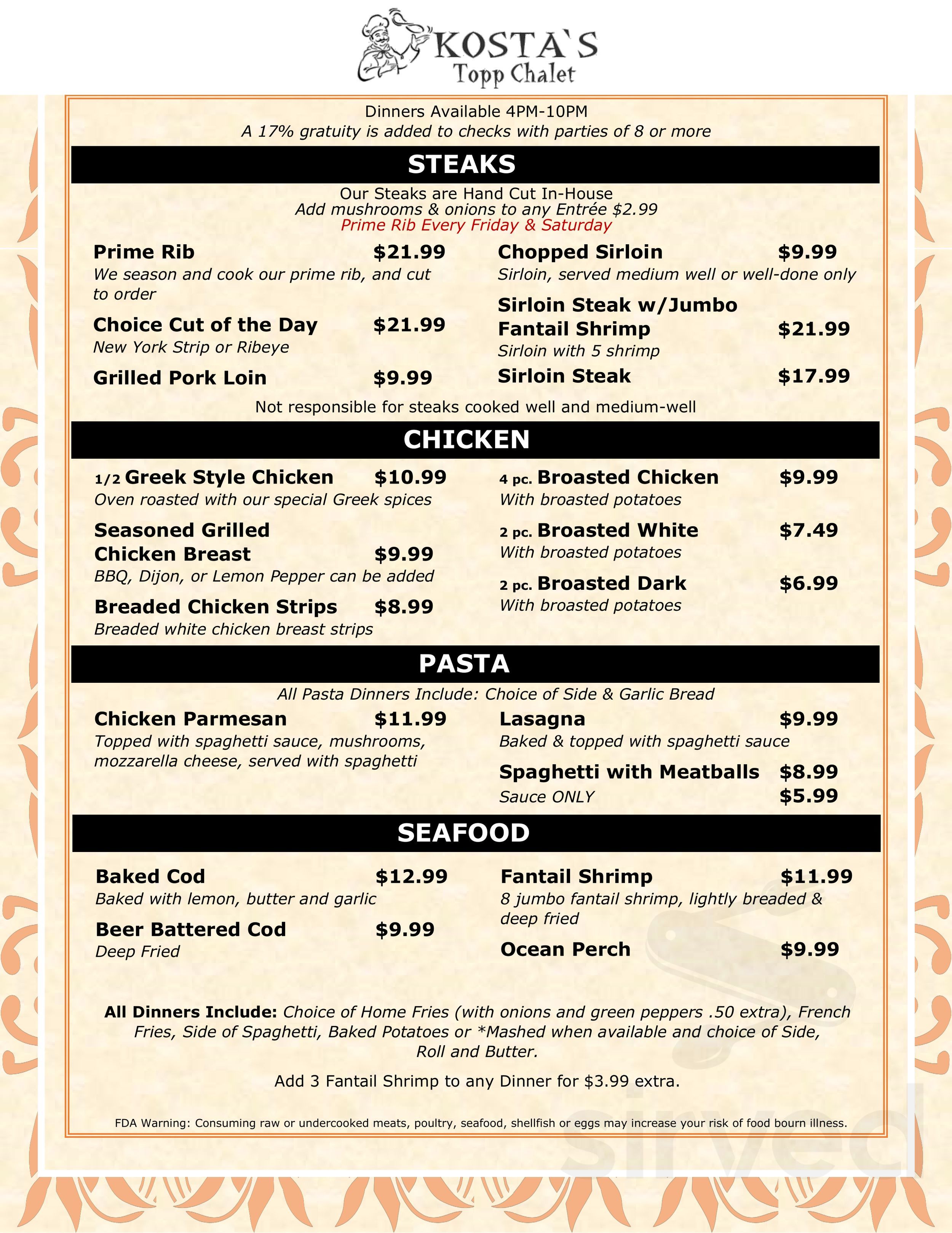 Menu - Delphos OH's Topp Chalet | Sirved