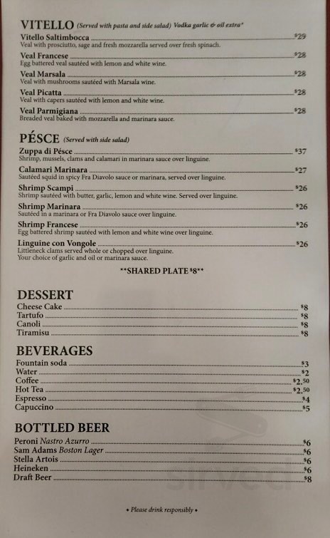 PICCOLO DAL TORRENTE ITALIAN RESTAURANT menu in Catskill, New York, USA