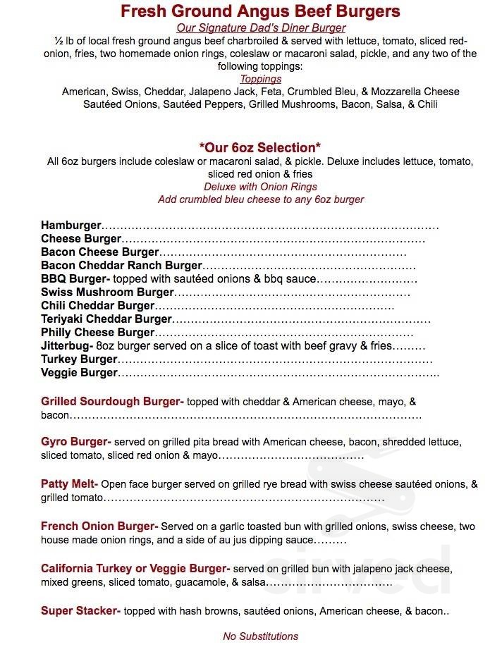 Menu - Copake NY's Dad's Copake Diner | Sirved