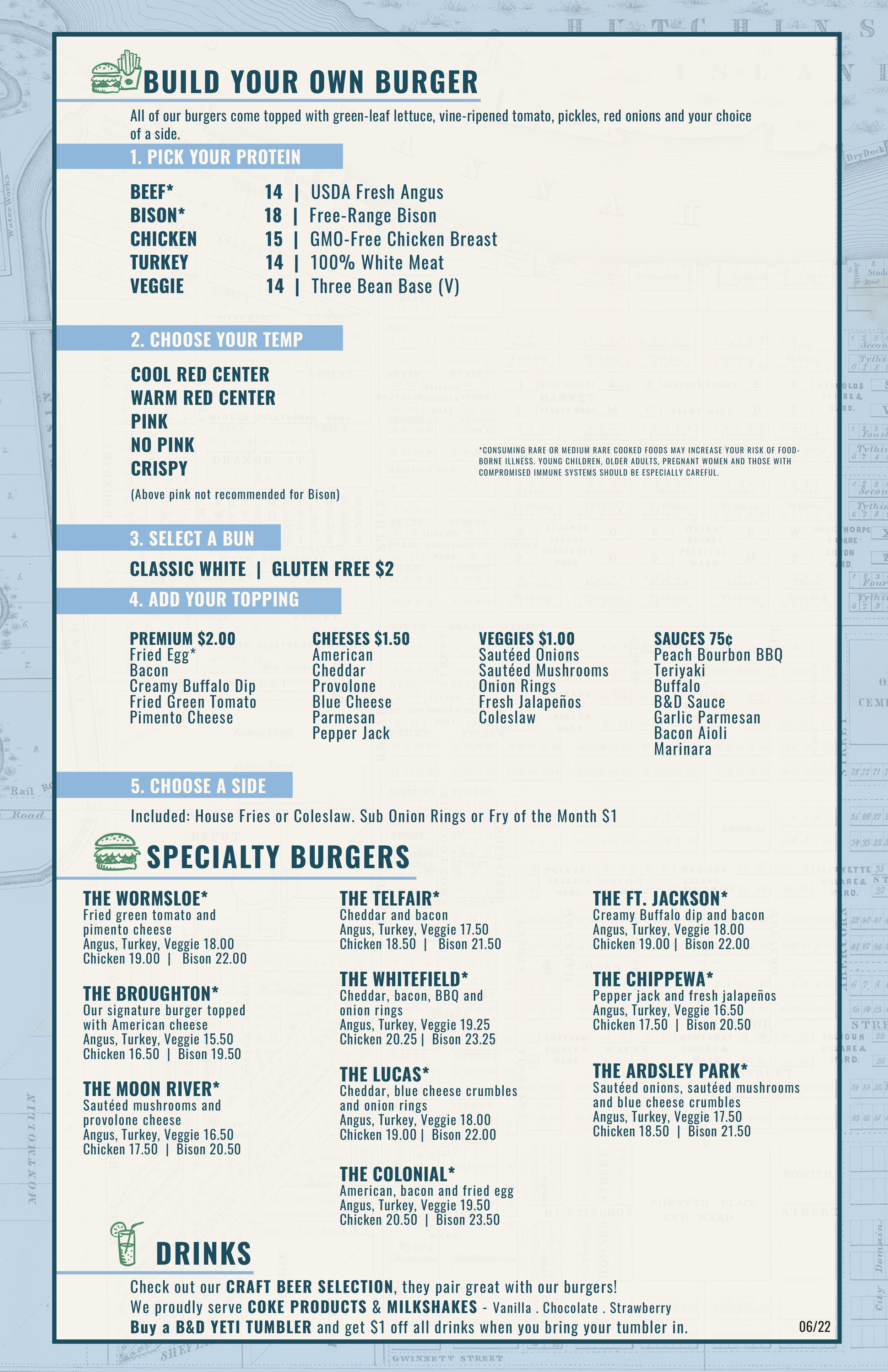 B&D Burgers menu in Savannah, Georgia, USA
