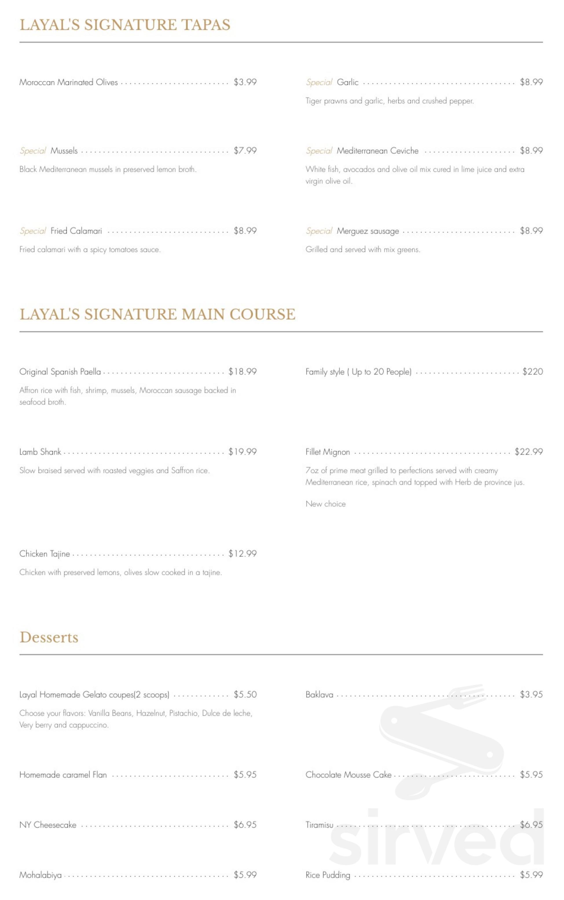 Layal menu in Houston, Texas, USA