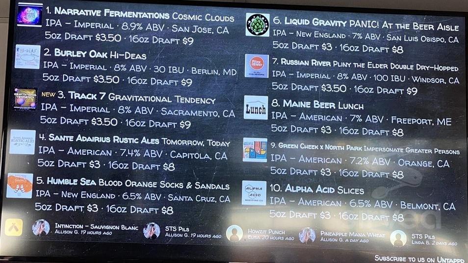 Pour Decisions Taproom menu in Hollister, California, USA