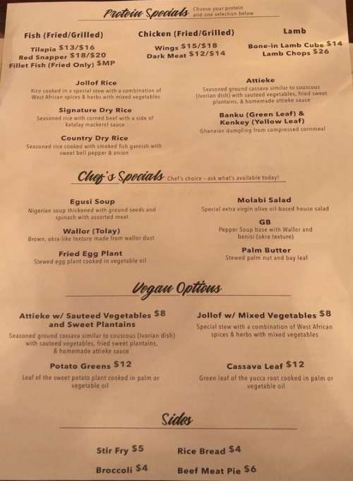 Kings and Queens Liberian Cuisine menu in Upper Darby, Pennsylvania, USA