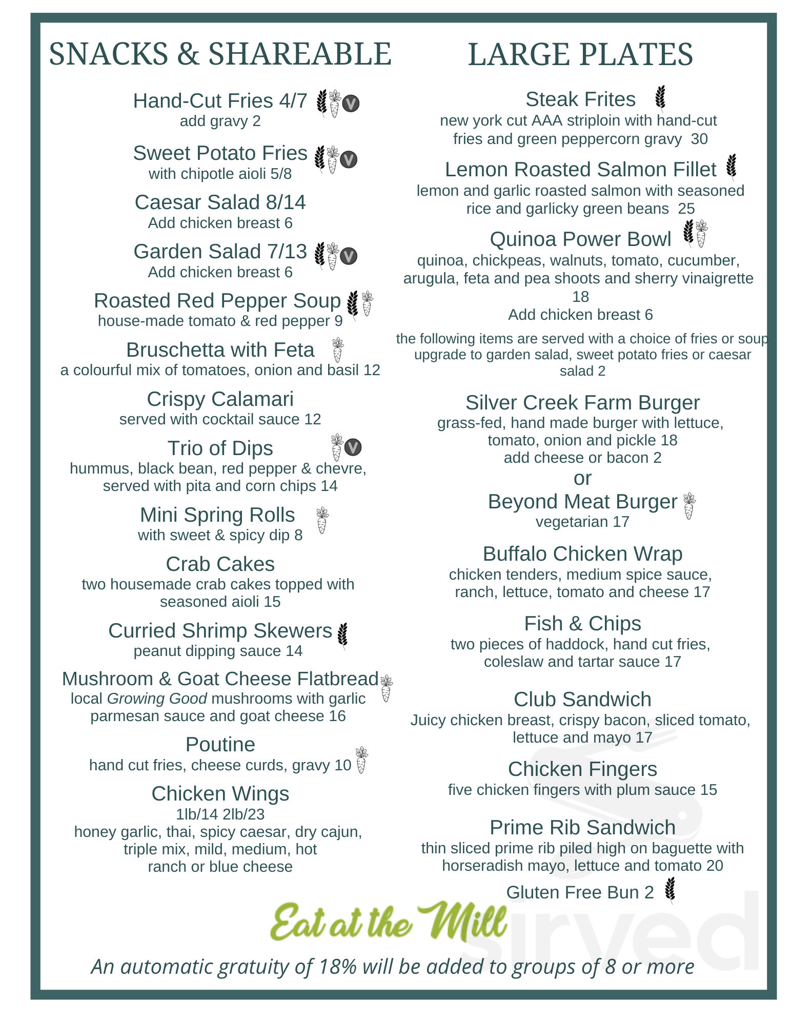 Menu for The Mill Restaurant & Pub in Cobourg, ON | Sirved