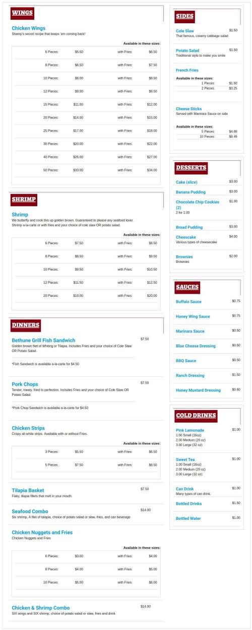 Bethune Grill menu in Daytona Beach, Florida, USA