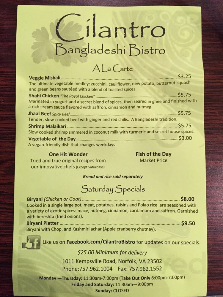 Cilantro Bangladeshi Bistro menu in Norfolk, Virginia, USA