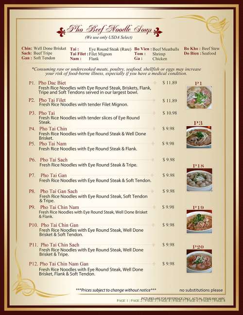 Pho Sure menu in Valencia, California, USA