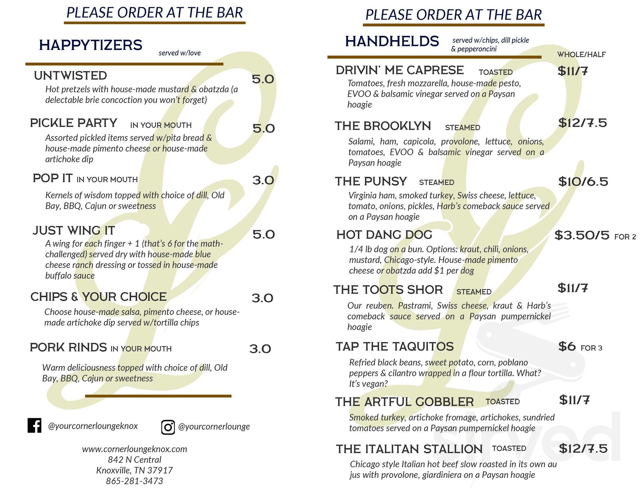 Corner Lounge menu in Knoxville, Tennessee, USA