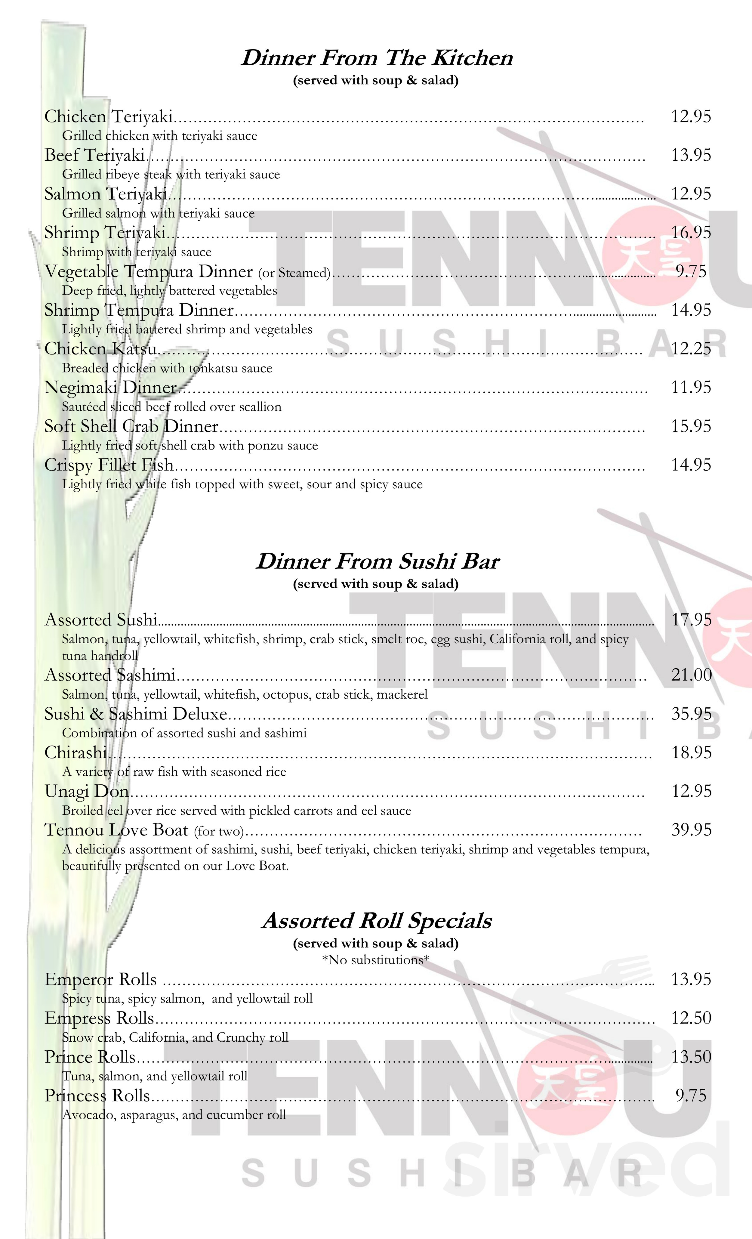 Tennou Sushi Bar menu in Harvey, Louisiana, USA