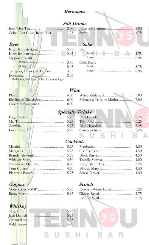Tennou Sushi Bar menu in Harvey, Louisiana, USA
