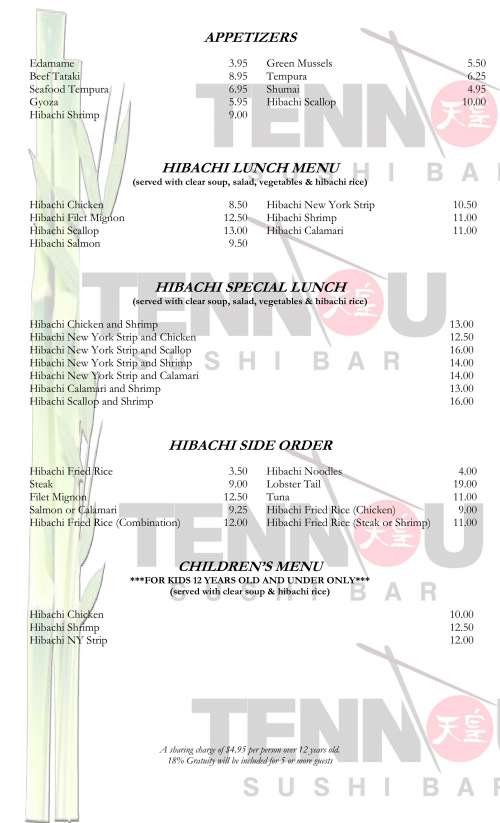 Tennou Sushi Bar menu in Harvey, Louisiana, USA