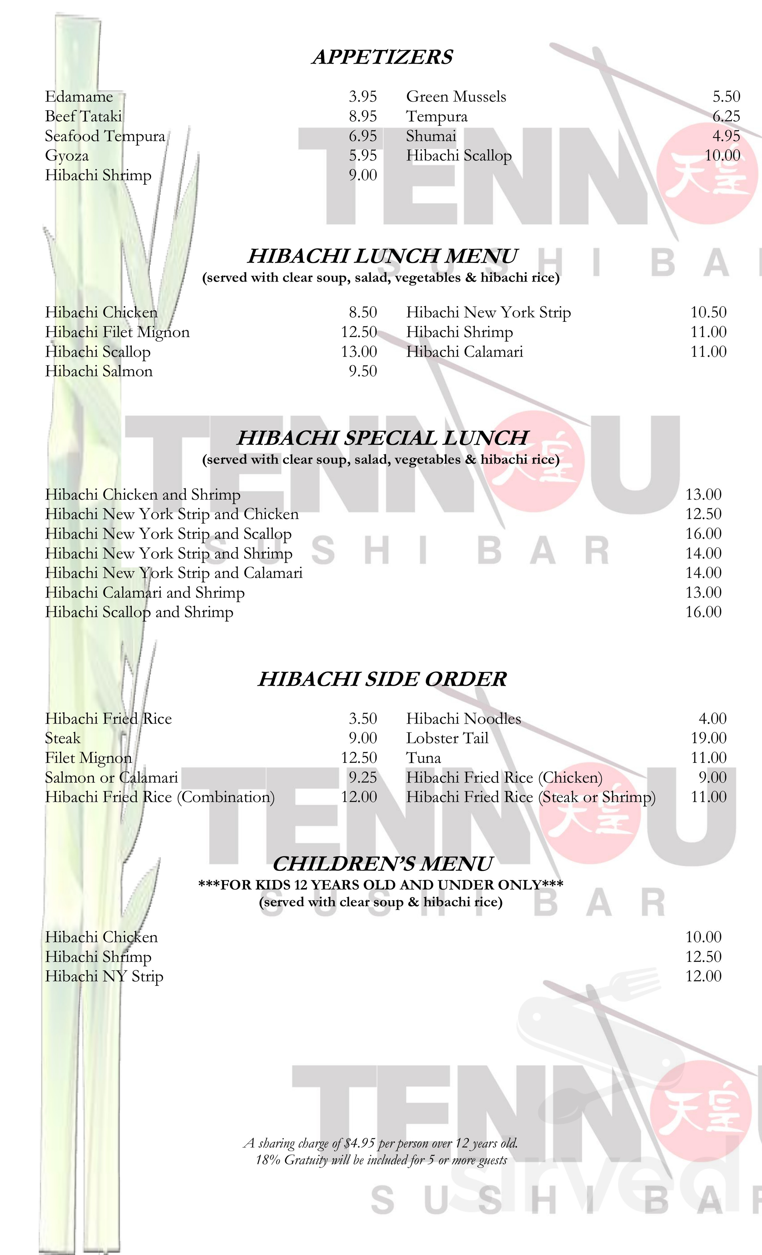 Tennou Sushi Bar menu in Harvey, Louisiana, USA