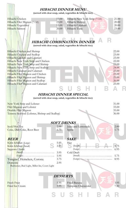 Tennou Sushi Bar menu in Harvey, Louisiana, USA