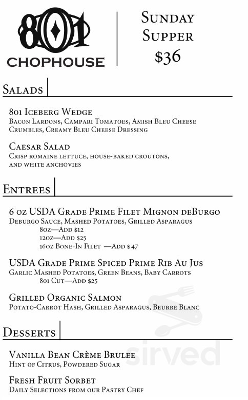 Menu for 801 Chophouse Leawood in Leawood, KS | Sirved