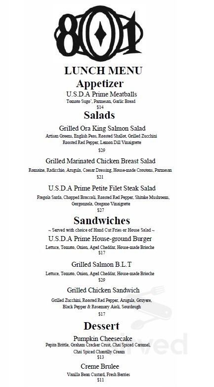 Menu for 801 Chophouse Leawood in Leawood, KS | Sirved