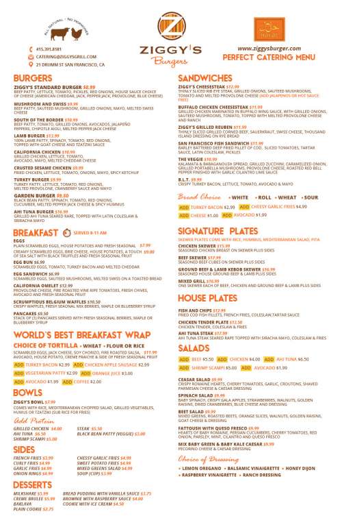 Ziggy's Burgers menu in San Francisco, California, USA