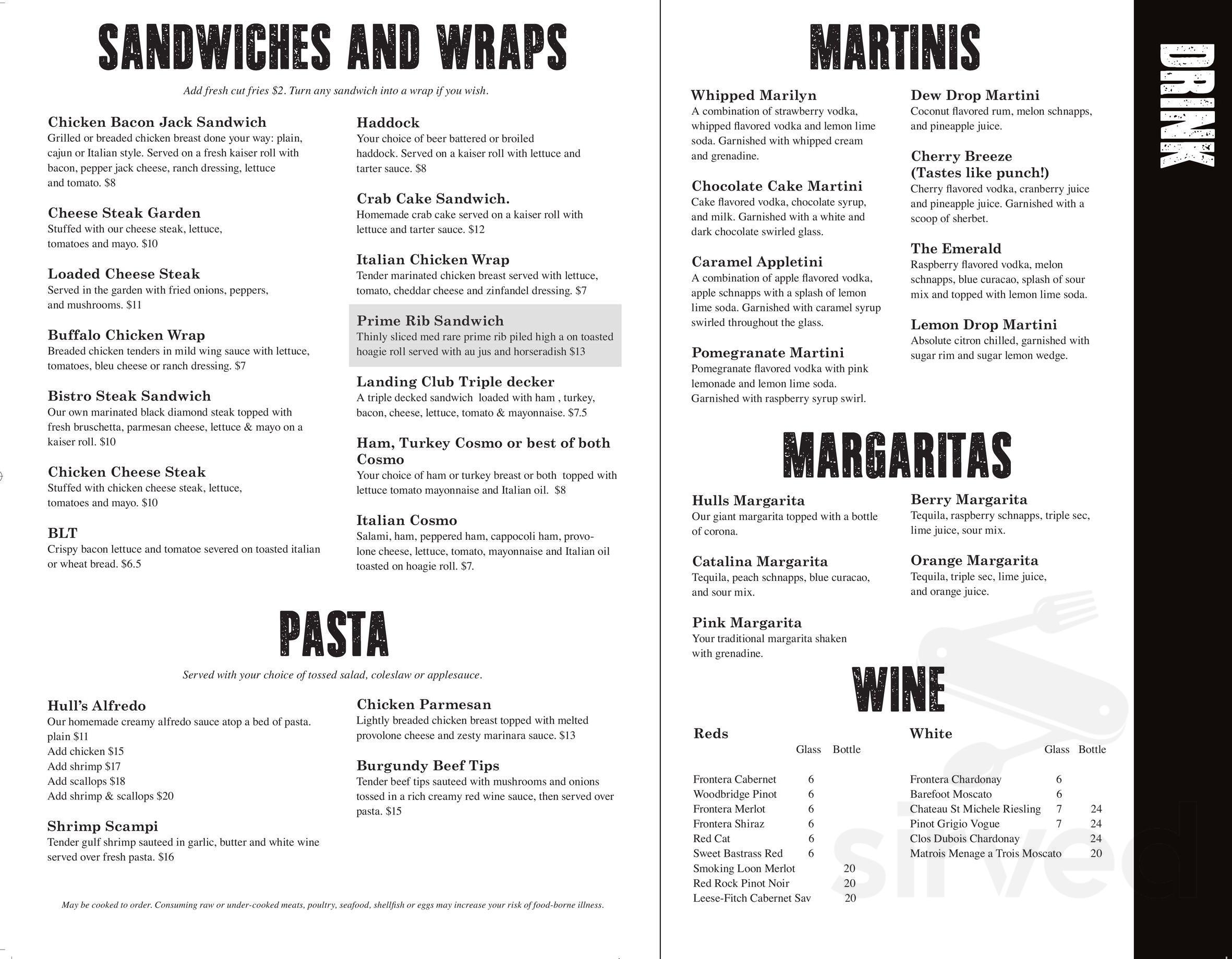 Hull's Landing menu in Muncy, Pennsylvania, USA