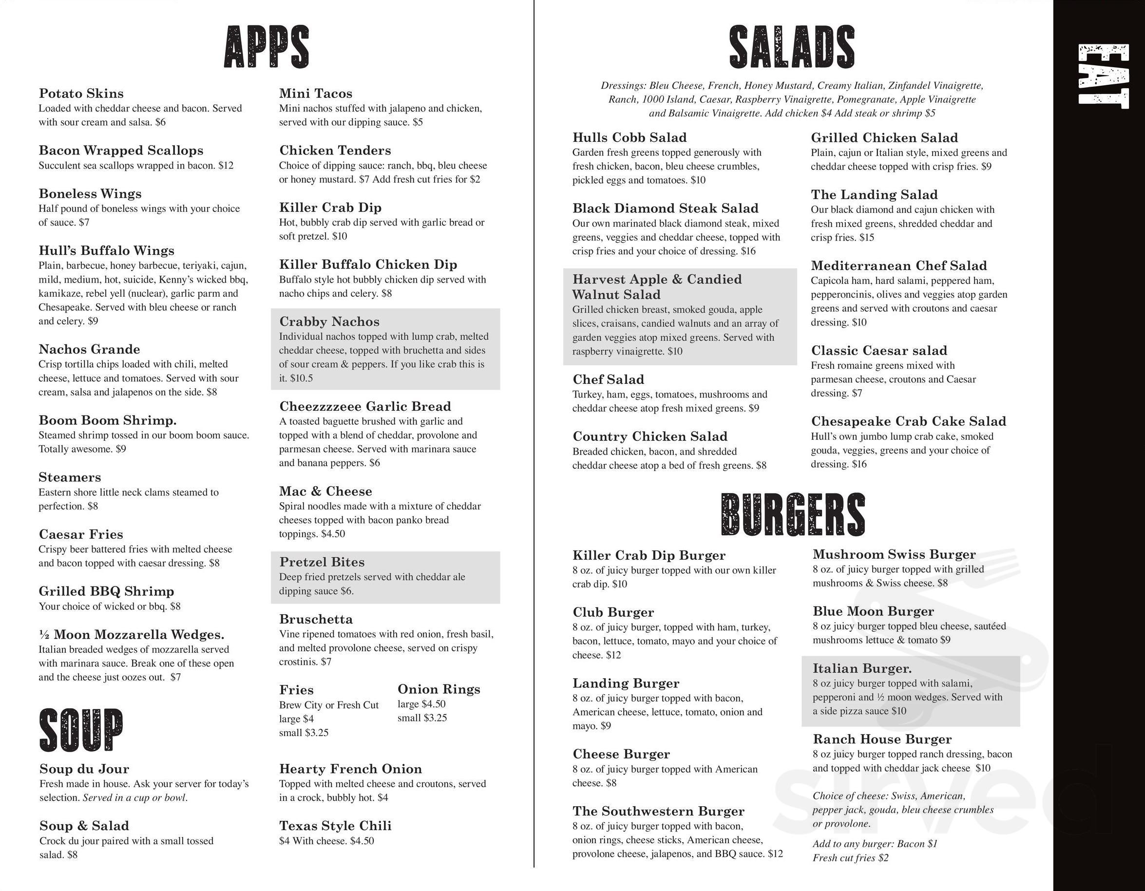 Menu for Hull's Landing in Muncy, PA | Sirved