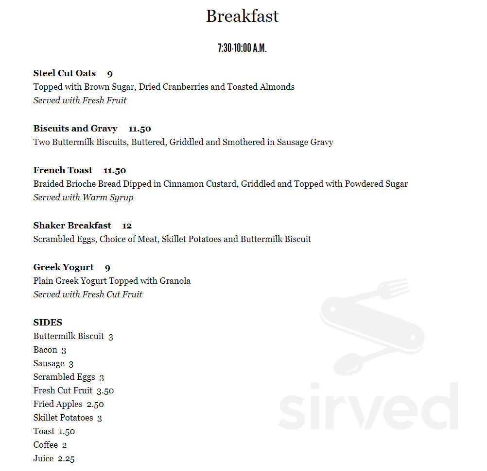Shaker Village of Pleasant Hill menu in Harrodsburg, Kentucky, USA