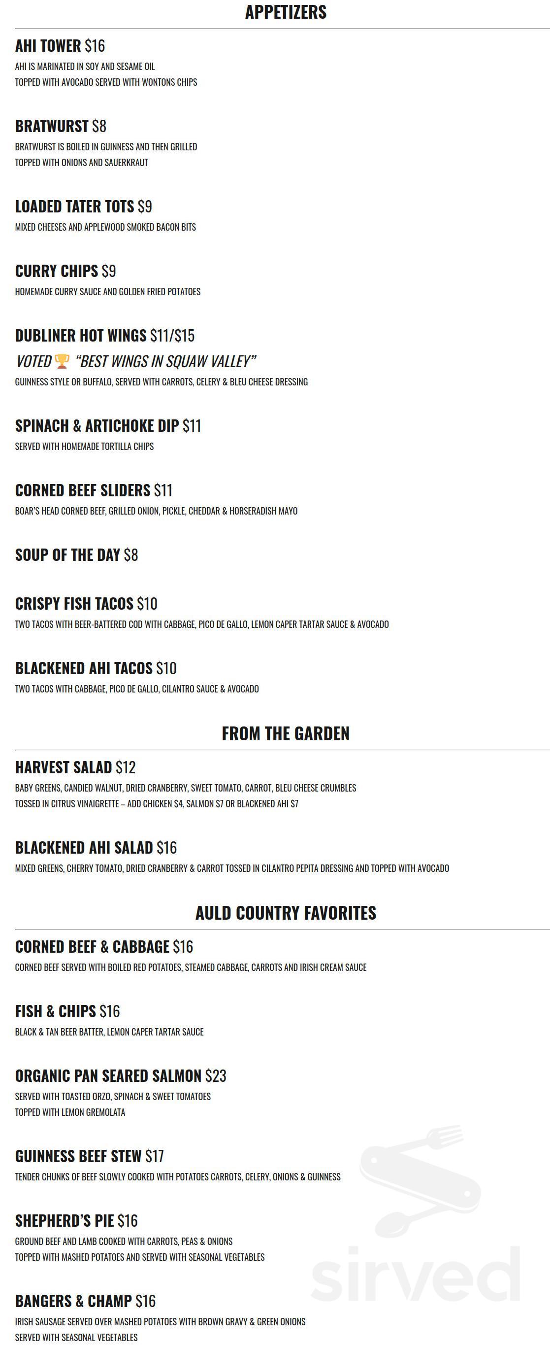 Auld Dubliner Tahoe menu in Olympic Valley, California, USA