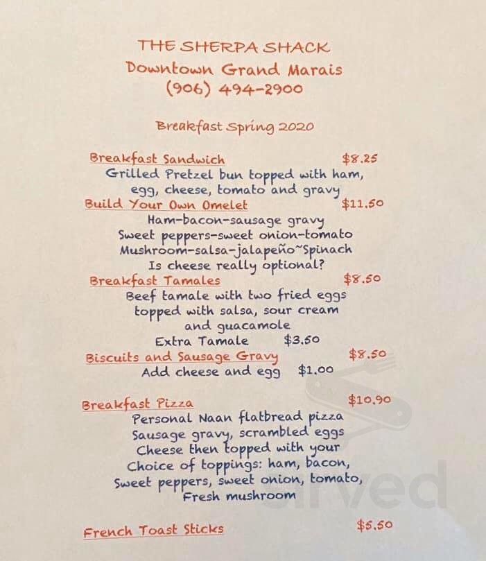 Sherpa Shack menu in Grand Marais, Michigan, USA