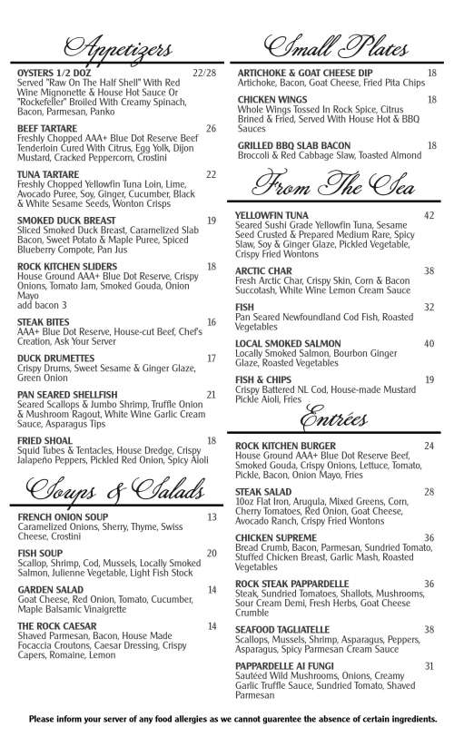 The Rock Steakhouse Bar & Grill menu in St. John's, Newfoundland and ...