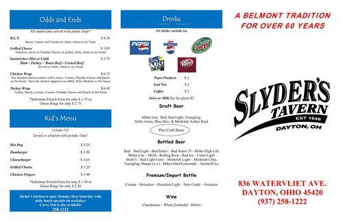 Slyder's Tavern menu in Dayton, Ohio, USA