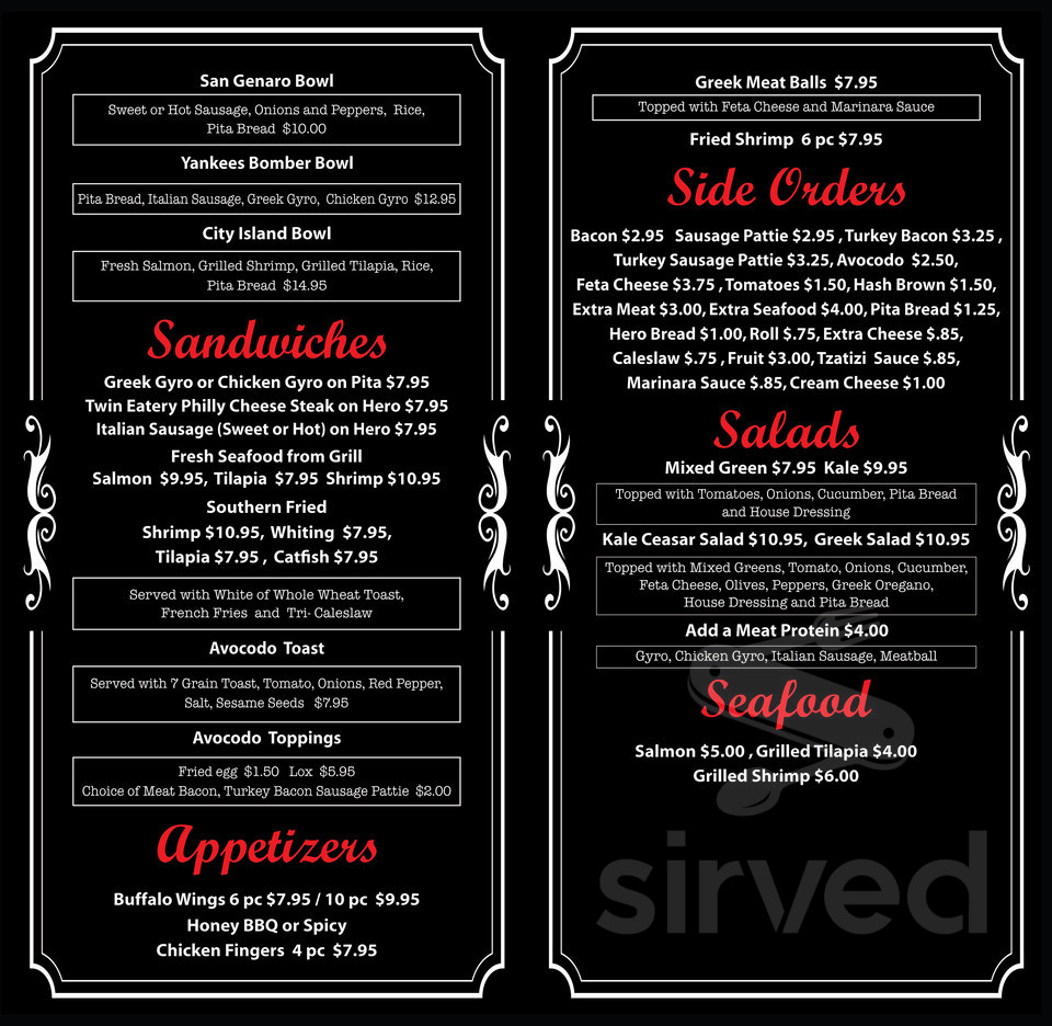 Yankee Twin Eatery menu in The Bronx, New York, USA
