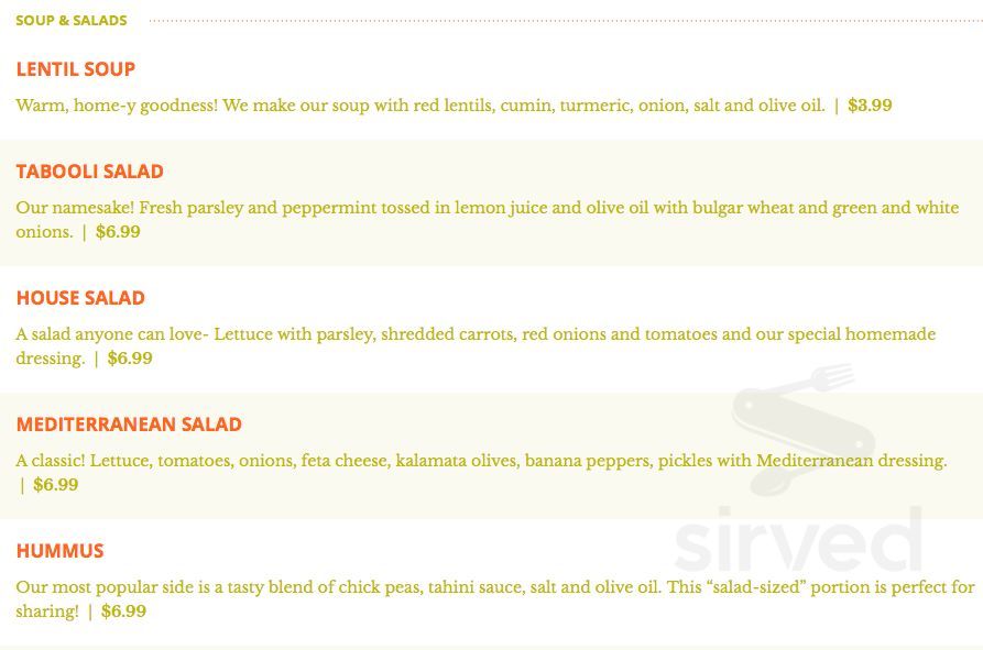 Tabooli Mediterranean menu in Lansing, Michigan, USA