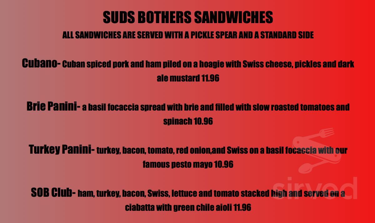 Menu - Fruita CO's Suds Brothers Brewery | Sirved