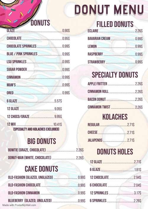Mary Lee Donuts menu in Denham Springs, Louisiana, USA