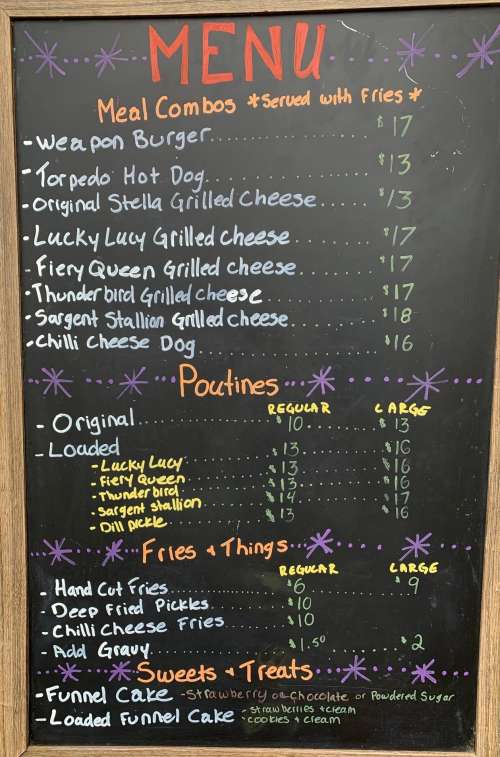 Bombshell Stella's chip truck menu in Emsdale, Ontario, Canada