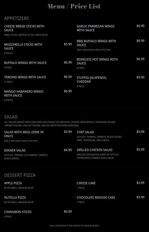 O pizza menu in Aubrey, Texas, USA
