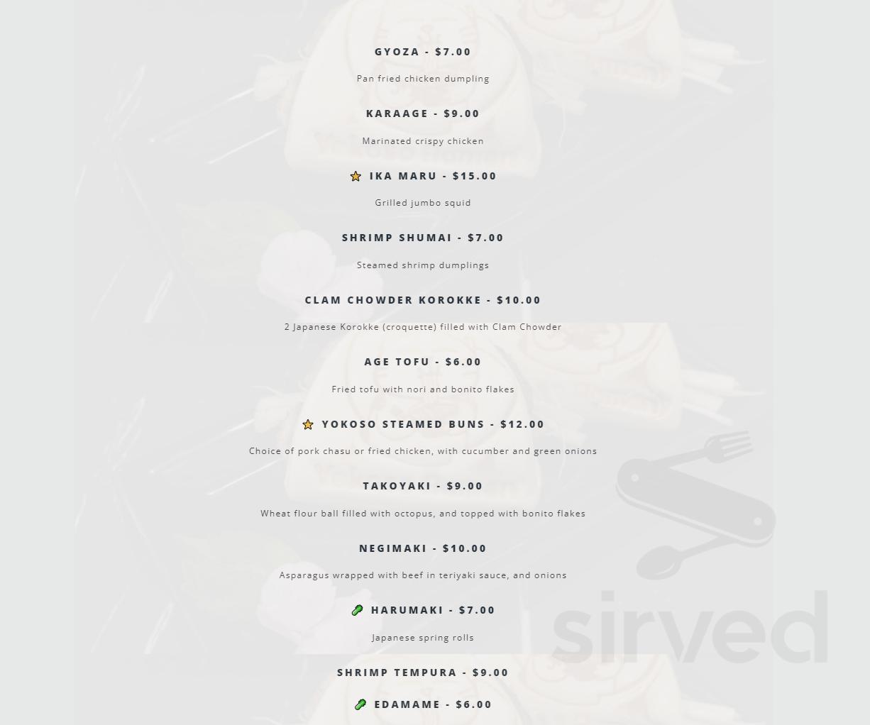 Yokoso Ramen menu in Sarasota, Florida, USA