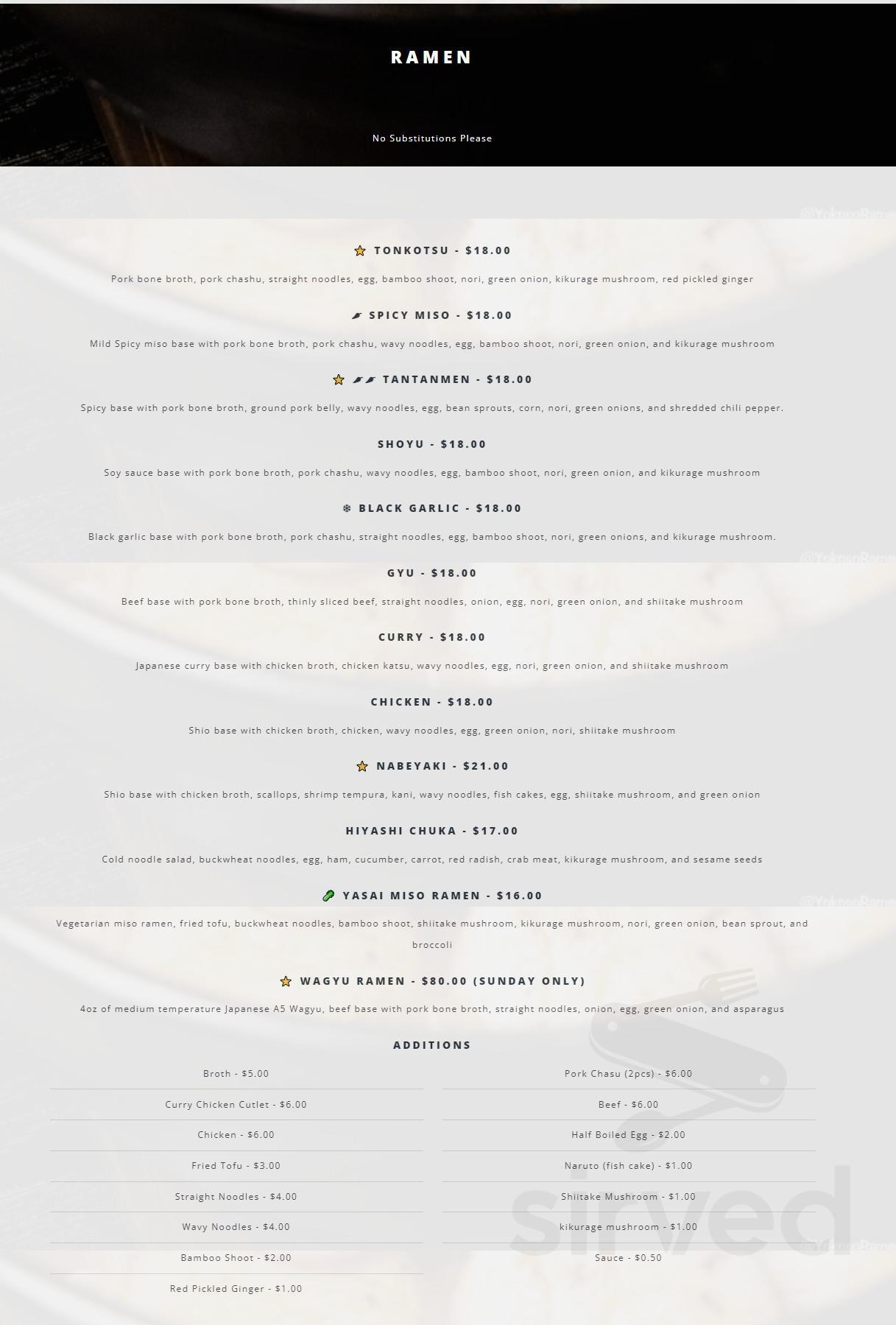 Yokoso Ramen menu in Sarasota, Florida, USA