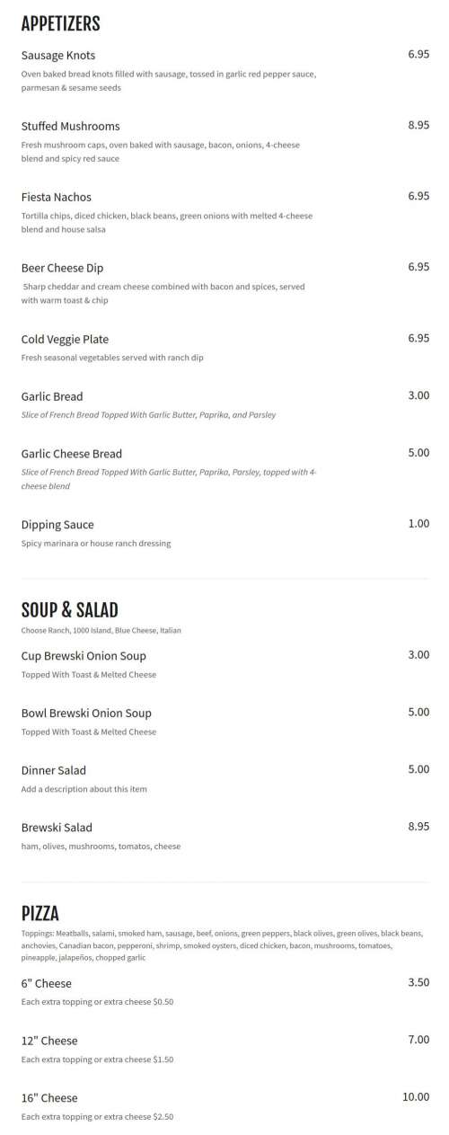 Brewski's menu in Ogden, Utah, USA