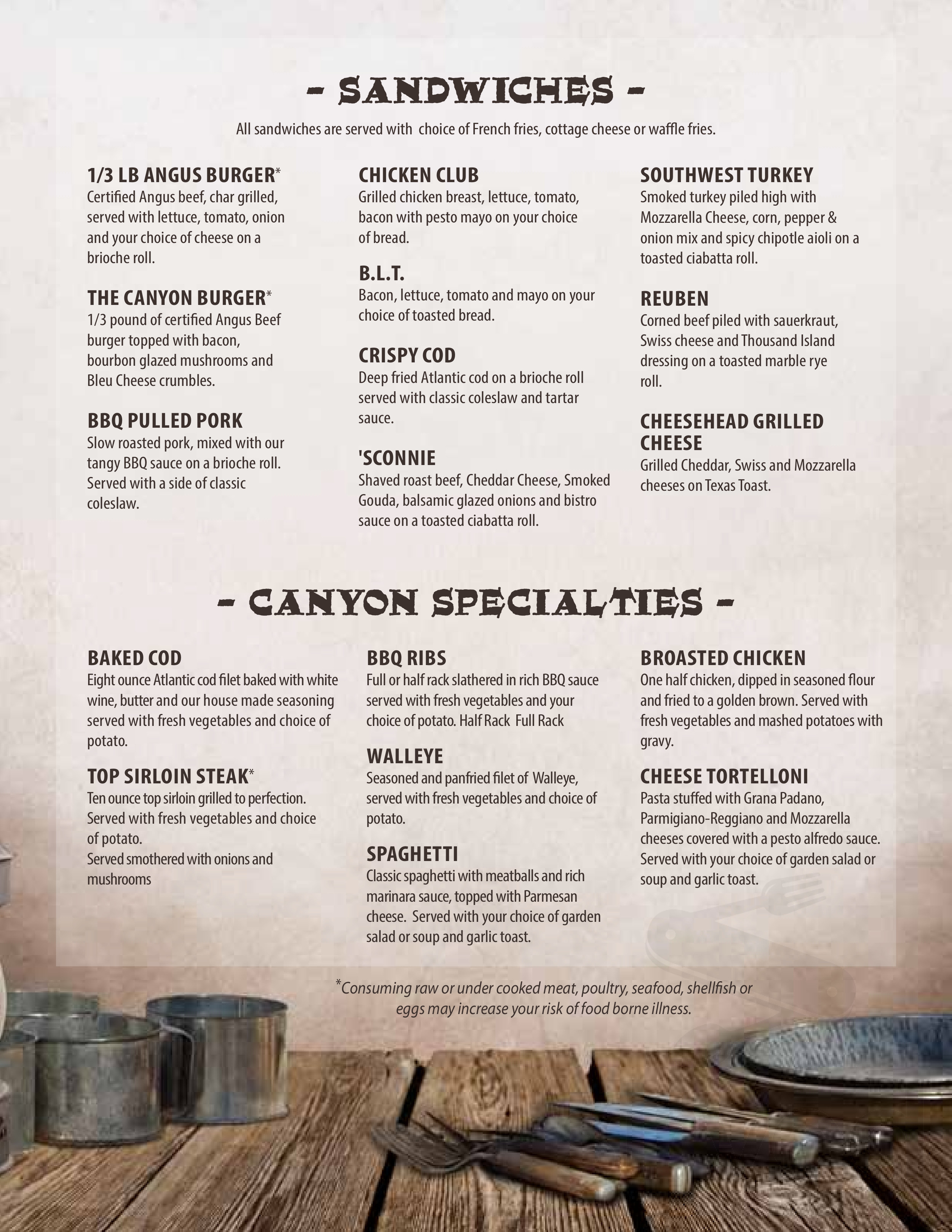 Menu - Wisconsin Dells WI's Wild Canyon Cafe | Sirved