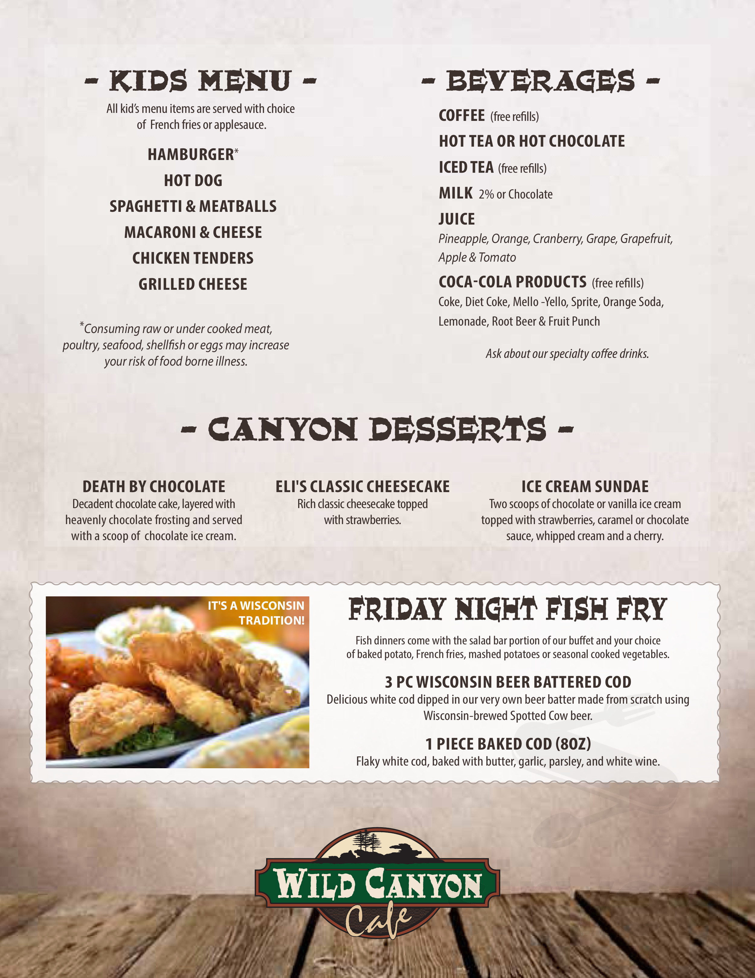 Menu - Wisconsin Dells WI's Wild Canyon Cafe | Sirved
