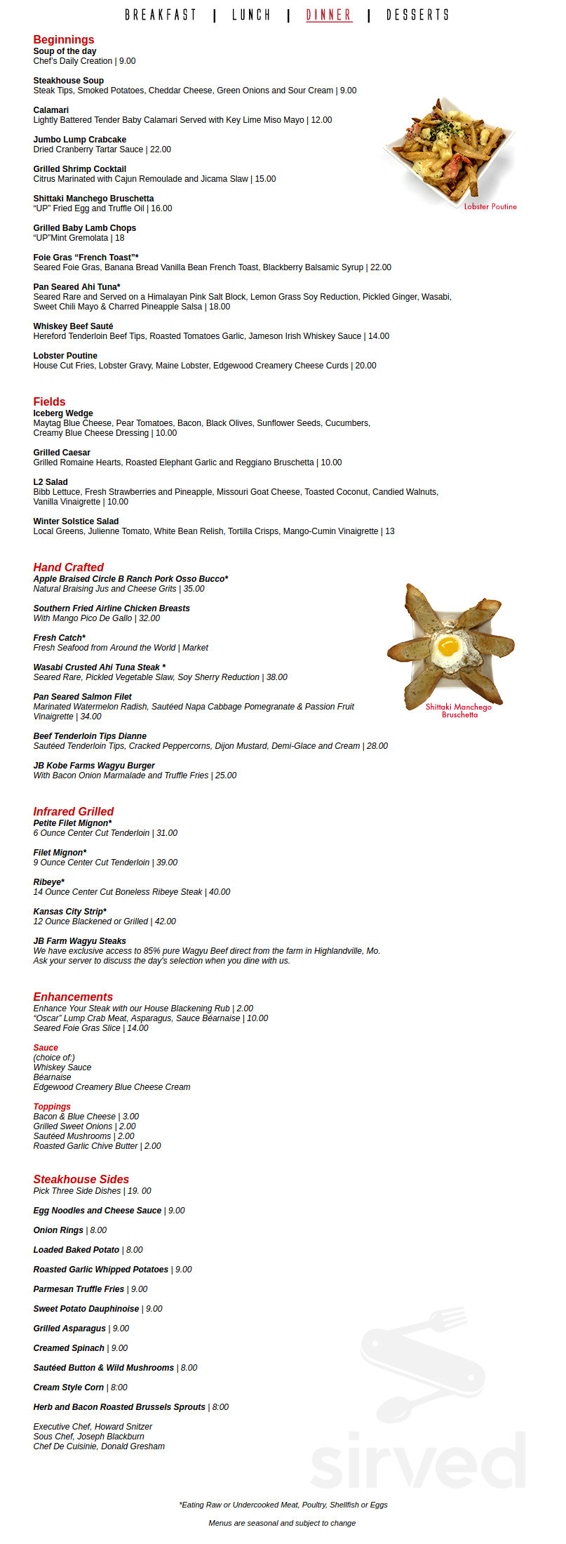 Level 2 Steakhouse menu in Branson, Missouri, USA