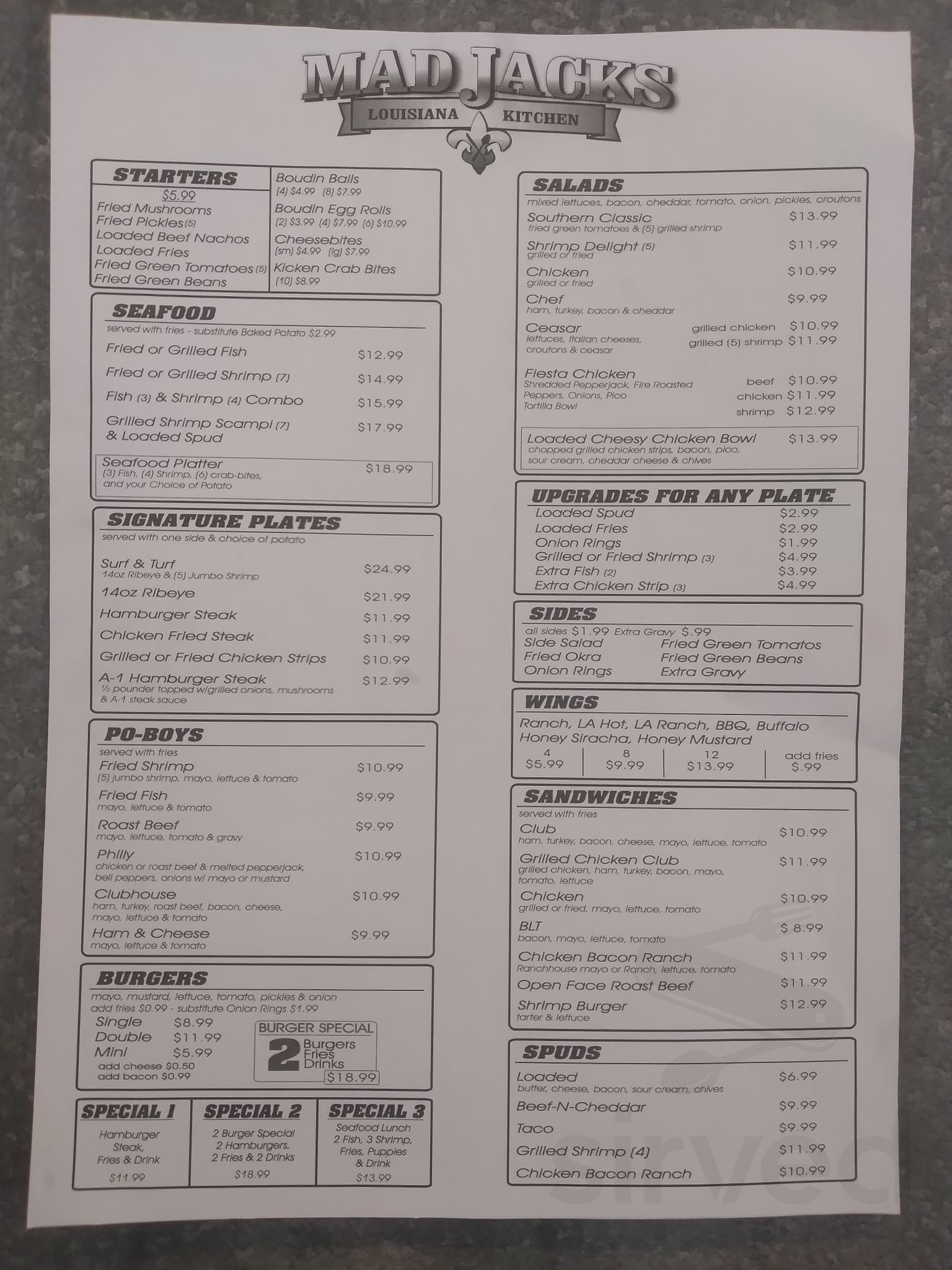 Menu for Mad Jacks Louisiana Kitchen in Columbia, LA | Sirved