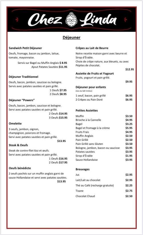 Chez Linda menu in Shediac, New Brunswick, Canada