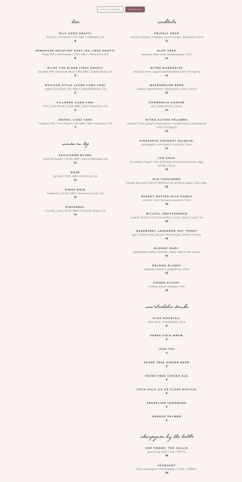 The Snug menu in San Francisco, California, USA