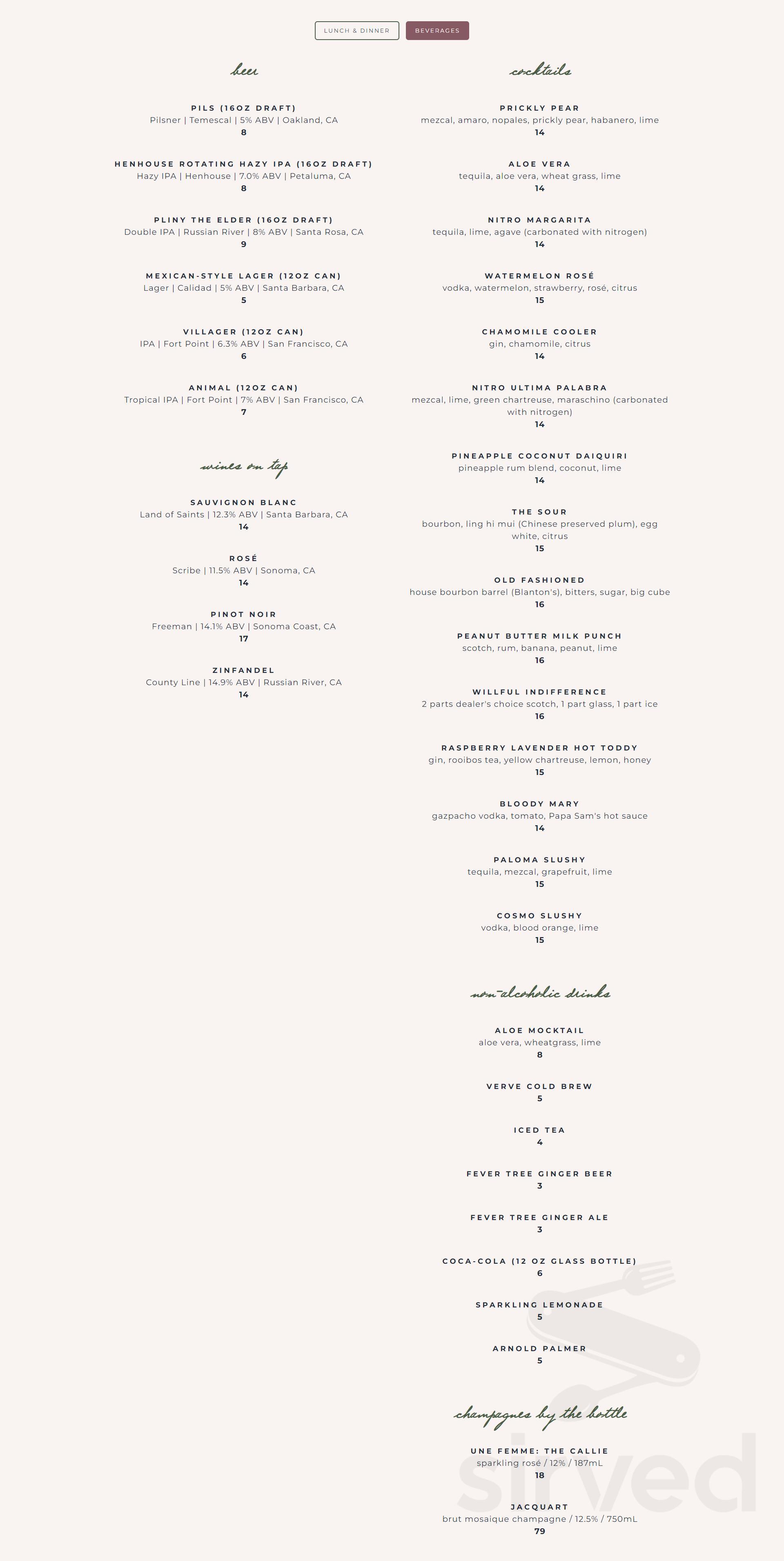 The Snug menu in San Francisco, California, USA