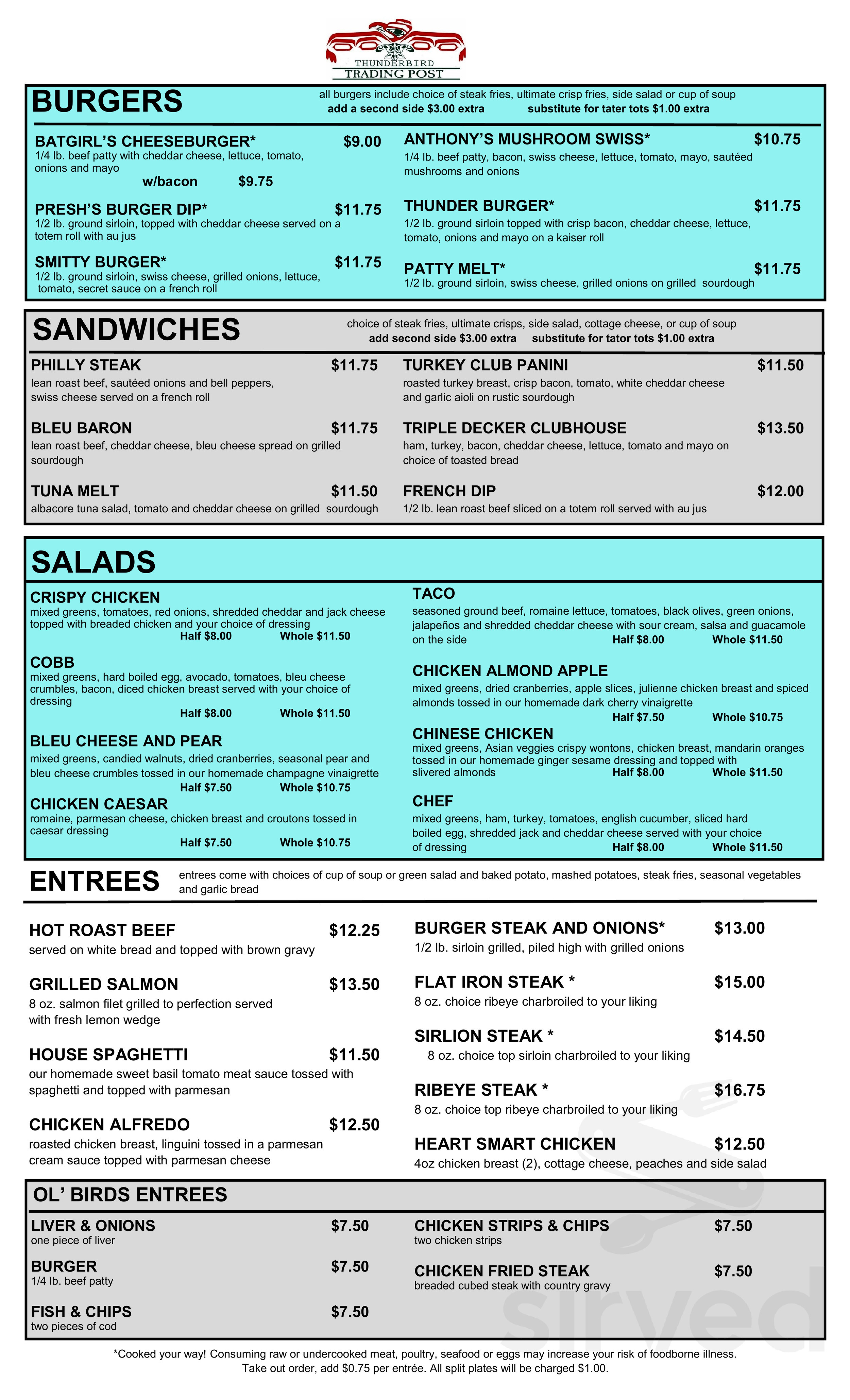 Thunderbird Restaurant menu in Tacoma, Washington, USA