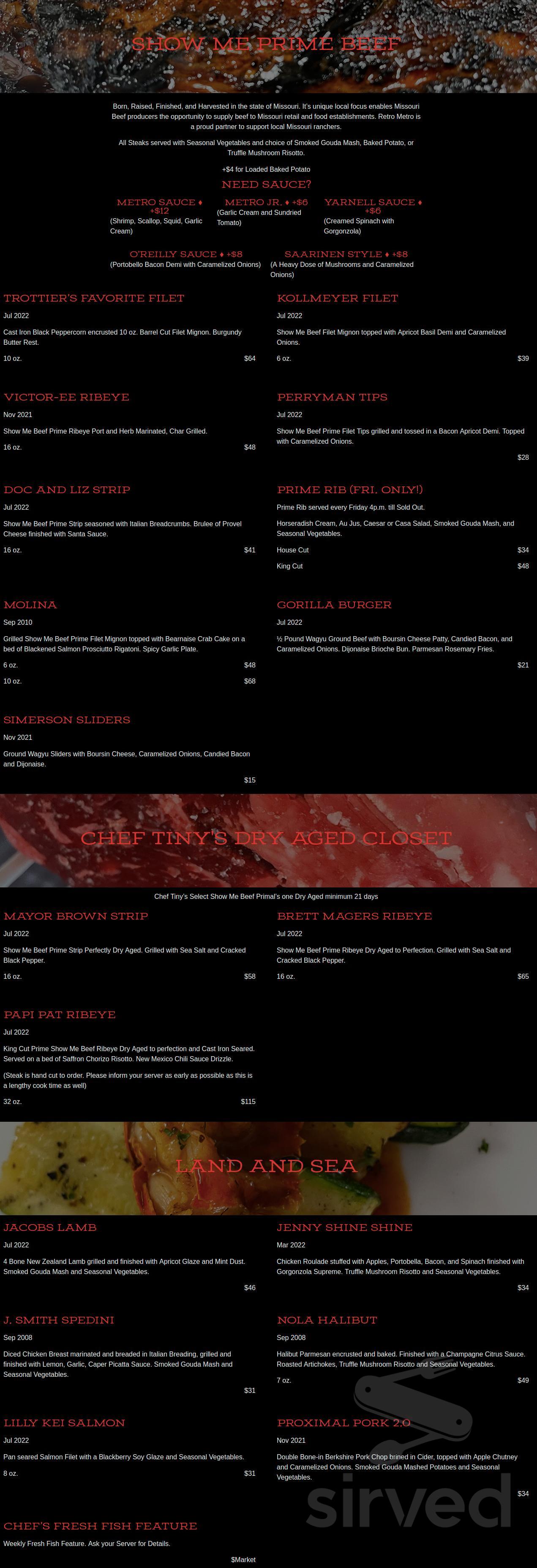 Retro Metro menu in Springfield, Missouri, USA